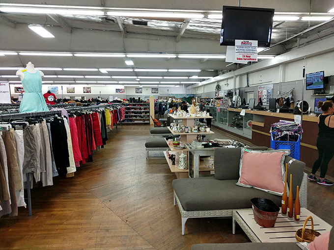 Racks of possibility stretch before you, with that mint-green dress standing sentinel over a kingdom of second chances and first-rate finds.