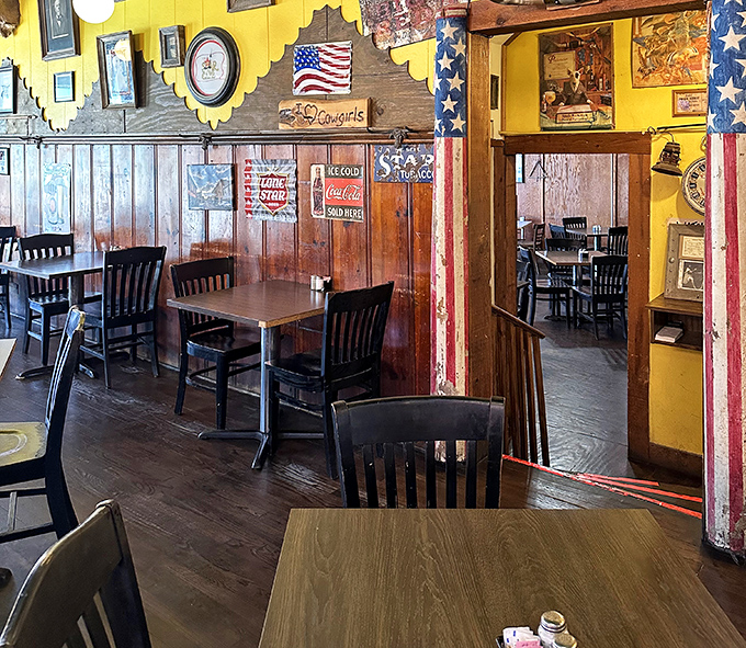 Step inside and you're greeted by a slice of Americana&mdash;yellow walls adorned with vintage signs, wooden wainscoting, and the kind of authentic charm money can't manufacture.