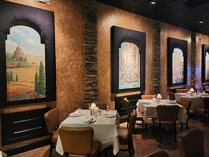 Italian landscapes transport diners straight to Tuscany, with warm amber walls and stone accents creating the perfect backdrop for memorable meals.