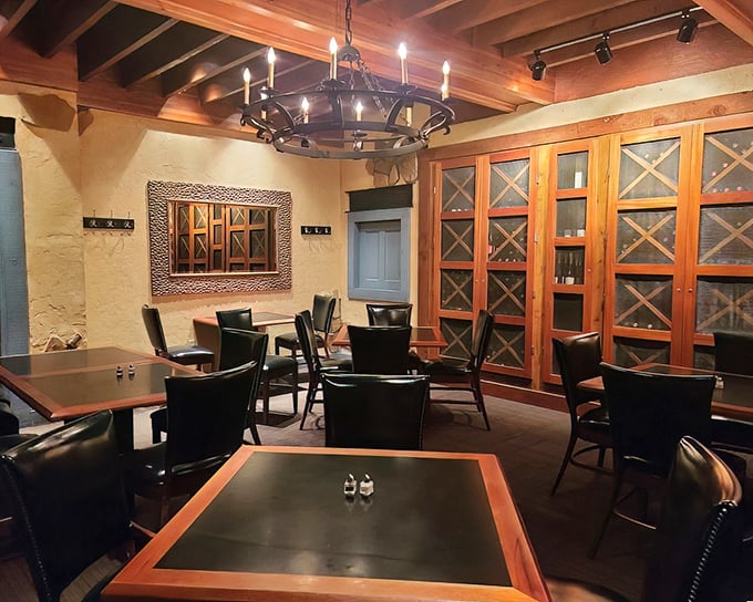 Step inside and the transformation is magical &ndash; rustic wooden beams, warm lighting, and wine cabinets that whisper, "Stay awhile."