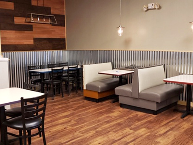 Modern meets nostalgic with corrugated metal wainscoting and comfortable booths&mdash;the perfect canvas for serious comfort food consumption.