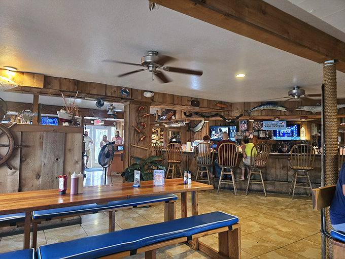Wood paneling and ceiling fans create the perfect "nobody's in a hurry here" atmosphere that Florida does best.