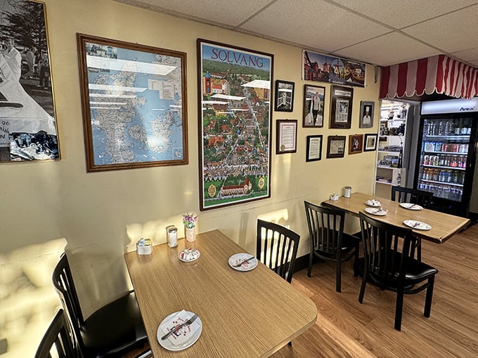 The cozy interior feels like dining in Denmark, with maps and memorabilia that tell the story of Solvang's unique Danish-American heritage.