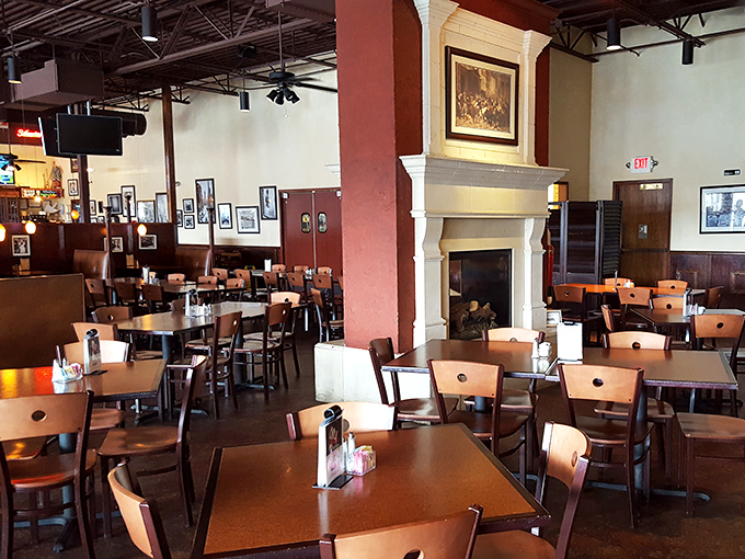 High ceilings, warm wood tones, and that magnificent fireplace create the perfect backdrop for comfort food that hugs your soul. 