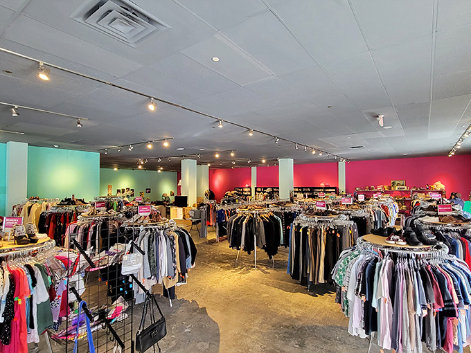A kaleidoscope of color greets shoppers inside, where clothing racks are organized with a precision that would make Marie Kondo weep with joy.
