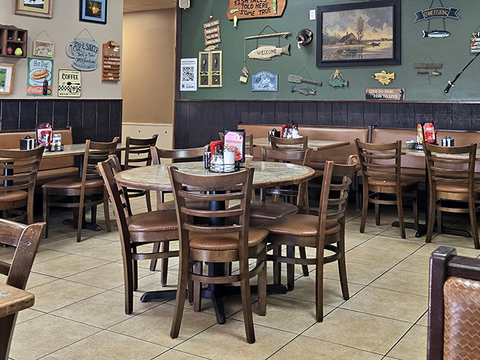 Fishing memorabilia and woodland charm create that "grandpa's favorite spot" vibe&mdash;comfort before you even taste the food.