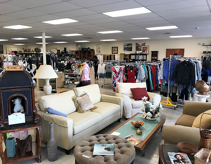 Step inside and witness the magnificent organized chaos&mdash;where cream-colored sofas mingle with clothing racks in a dance of secondhand splendor. 