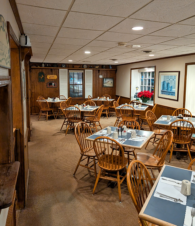 Windsor chairs and wood paneling create the perfect backdrop for comfort food conversations. Like dining in a Norman Rockwell painting come to life.