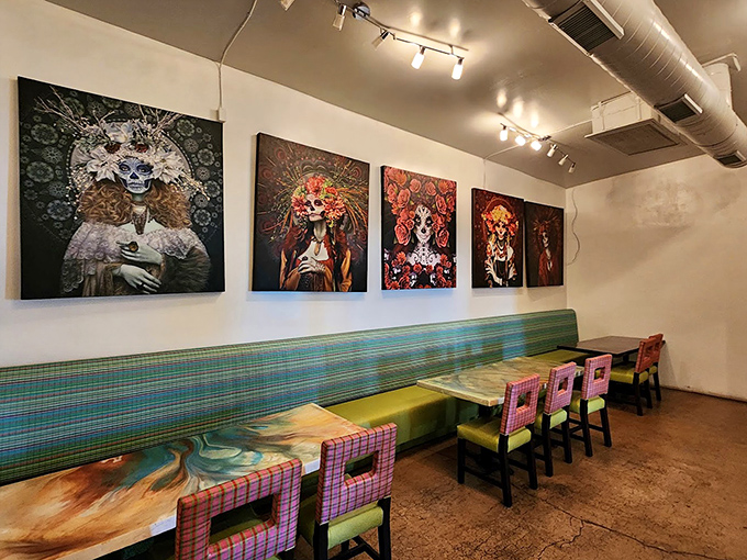 Day of the Dead-inspired artwork watches over diners, creating an atmosphere that's equal parts gallery and taqueria. Culture and cuisine, perfectly paired.