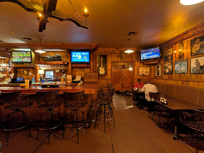 Step inside and time slows down. The warm wooden interior, complete with classic Western decor, sets the stage for a memorable meal in cowboy country.