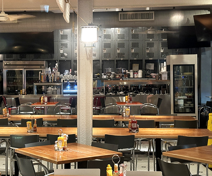 Industrial-chic meets diner comfort inside Big Pink, where metal lockers and wooden tables create the perfect backdrop for food that doesn't know the meaning of "small portion."