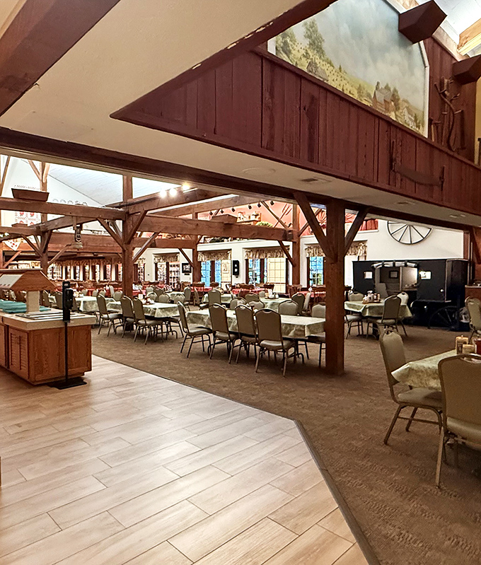 Exposed wooden beams and spacious seating create an atmosphere where time slows down, allowing conversations to unfold naturally between bites of homestyle goodness.