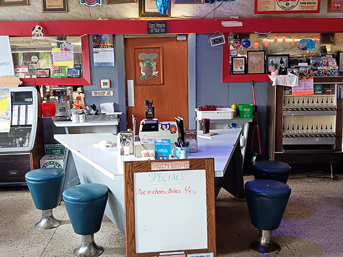 Those blue counter stools aren't just seating&mdash;they're front-row tickets to the greatest show in Mansfield: watching milkshake magic happen before your eyes.