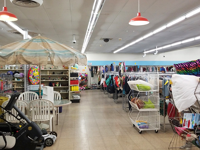 A treasure hunter's paradise awaits! Family Thrift's organized chaos features colorful clothing racks, beach umbrellas, and baby strollers &ndash; all waiting for their second chance at happiness.