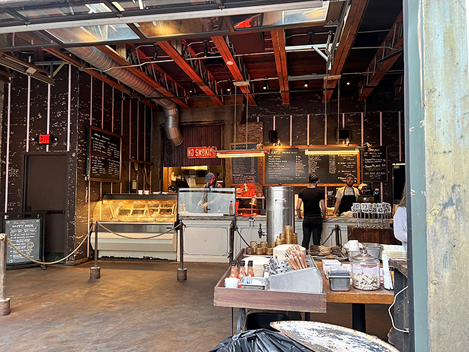 Industrial-chic meets meat paradise inside Fette Sau. The exposed beams and order counter create that perfect "I've discovered something special" atmosphere.