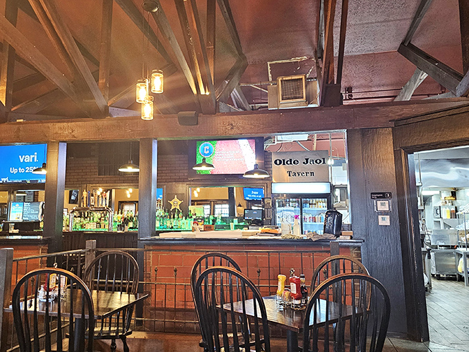 Step inside where history meets hospitality &ndash; exposed beams overhead and Windsor chairs below create that perfect "welcome home" steakhouse vibe.