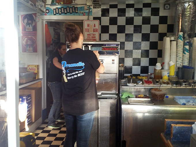 Behind the scenes magic happens on that classic checkered floor, where ice cream dreams are crafted one cone at a time.