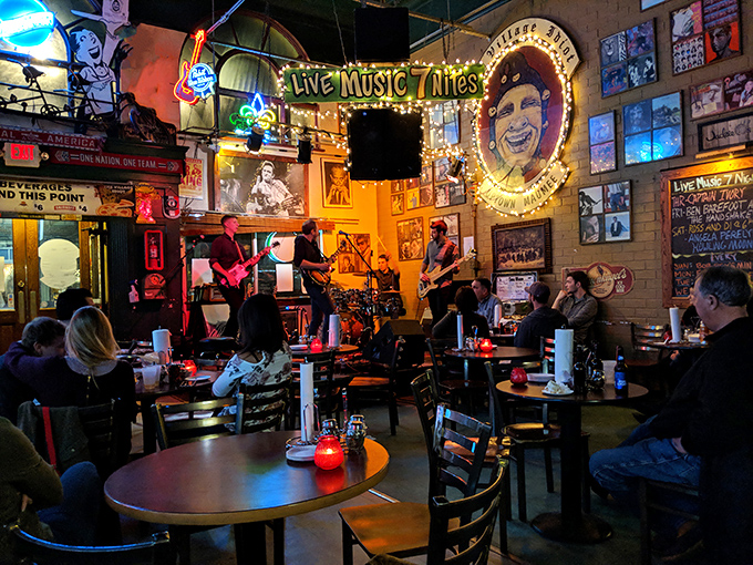 Live music seven nights a week? Now that's commitment! The Village Idiot's interior buzzes with energy as bands transform dinner into an experience.