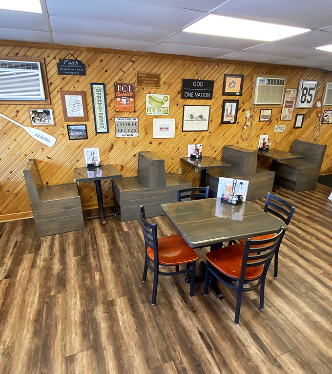 Wood-paneled walls adorned with quirky signs create that perfect small-town diner atmosphere &ndash; where conversations flow as freely as the coffee.