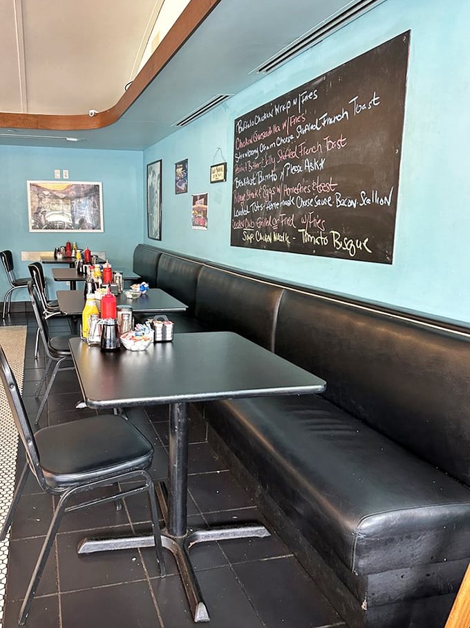 Inside, turquoise walls and black vinyl booths create that perfect diner atmosphere where important decisions&mdash;like pancakes versus French toast&mdash;are contemplated daily.
