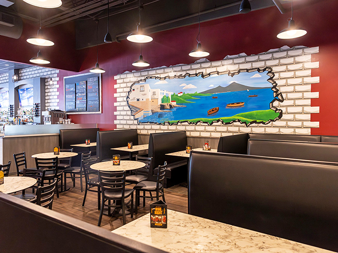 Cozy booths, warm lighting, and that Mediterranean mural &ndash; suddenly you're not in Pennsylvania anymore, but transported to an Italian coastal village.