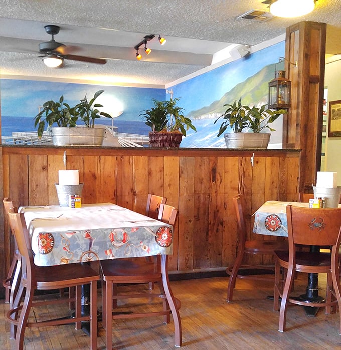 Warm wooden paneling meets coastal murals, creating that perfect "I've discovered something special" atmosphere that makes vacation memories last forever.