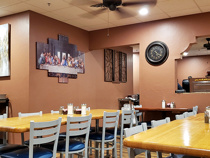 Simple wooden tables and warm terracotta walls create the perfect backdrop for food that demands your full attention. The Last Supper artwork seems appropriate&mdash;these meals are divine.