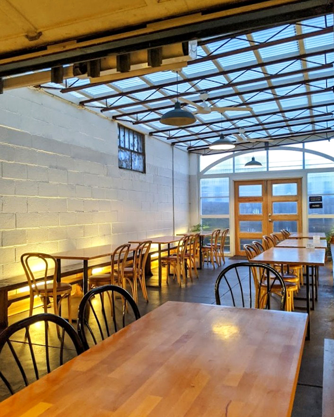 Minimalism meets warmth in Apteka's dining room, where bentwood chairs and wooden tables create the perfect stage for potato dumplings to steal the show.