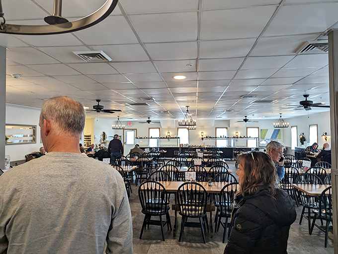 Black Windsor chairs stand at attention like hungry soldiers, ready for the breakfast battle that's about to commence.