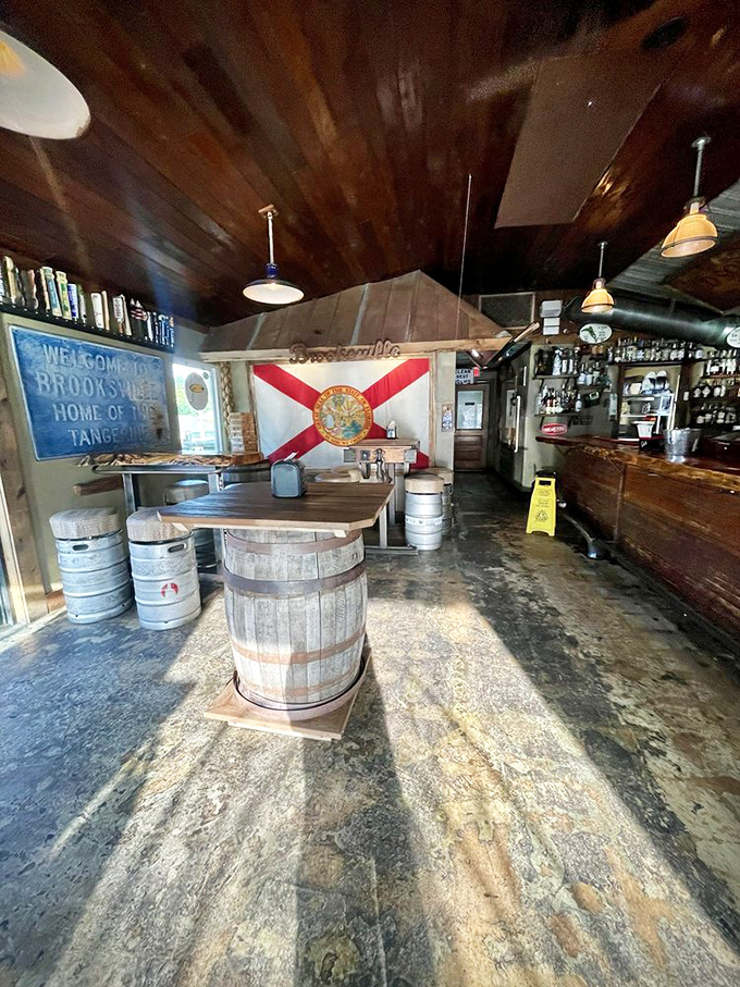 Inside, barrel tables and the Florida state flag create an atmosphere that's part museum, part time machine, and all authentic Sunshine State charm.