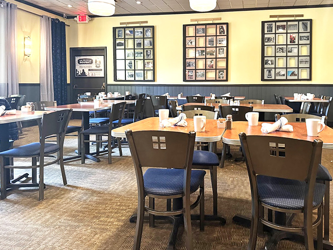 Where breakfast dreams come true. The warm wood tones and gallery wall create that perfect "fancy but not too fancy" vibe that says, "Yes, you can wear your comfy pants here."