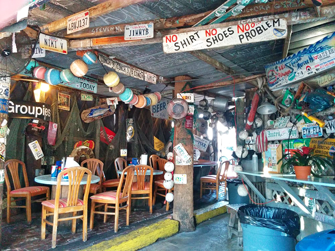 "No Shirt, No Shoes, No Problem" isn't just a sign&mdash;it's a philosophy. Every inch of ceiling space tells a story of visitors past.