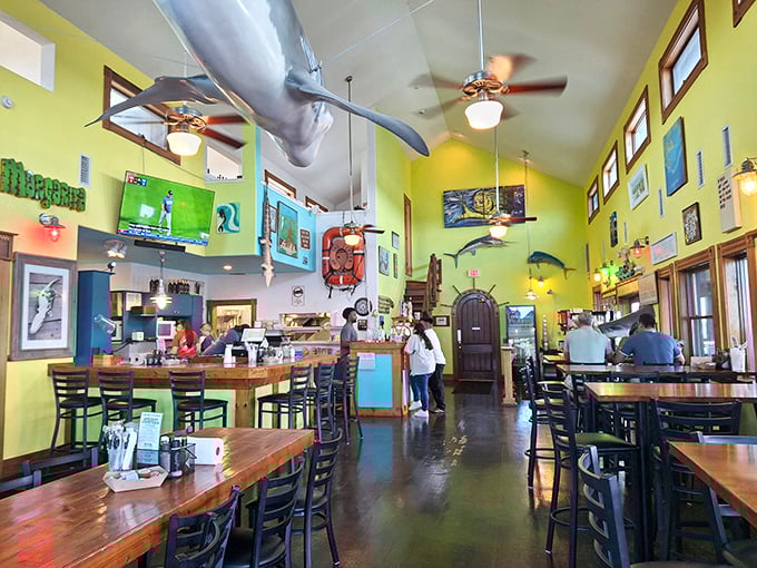 Lime-green walls and hanging sea creatures create the perfect backdrop for seafood indulgence &ndash; like dining inside a cheerful, well-stocked aquarium.