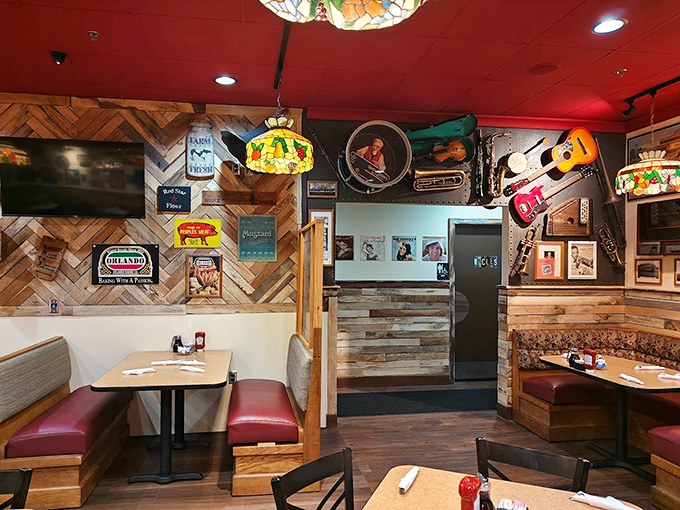 Inside, wood paneling and musical instruments create that perfect diner ambiance &ndash; like stepping into a breakfast time capsule where the coffee's always fresh.