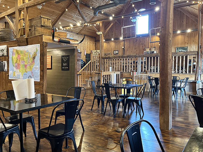 Rustic wooden beams, string lights, and that all-American map on the wall&mdash;this isn't just a restaurant, it's a love letter to barbecue tradition with modern industrial touches.