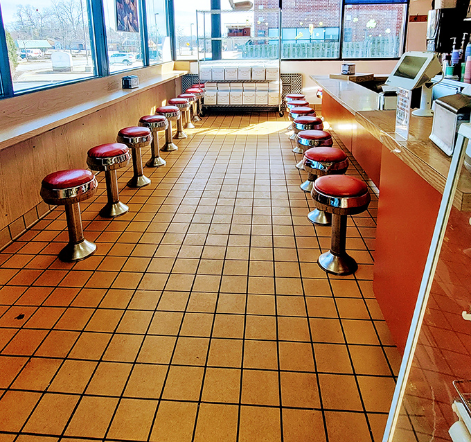 Classic Americana lives on in these red vinyl counter stools, where generations have perched while contemplating life's most important question: glazed or chocolate?