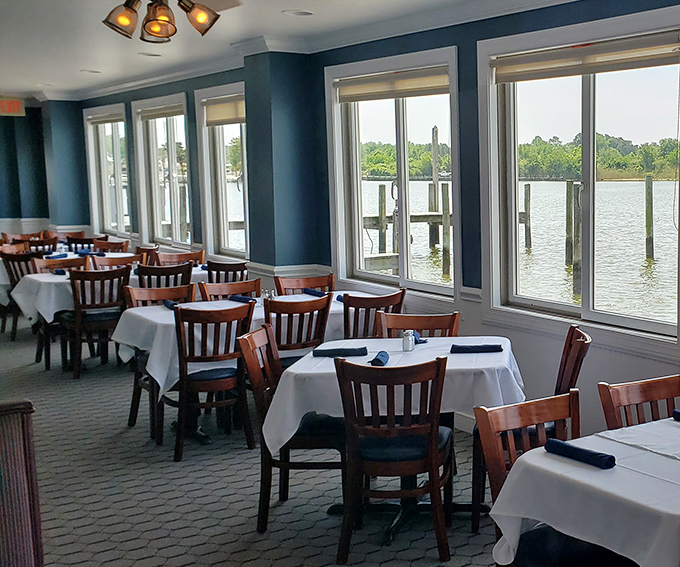 Blue walls and water views create the perfect backdrop for seafood feasting. Like dining inside a postcard of the Chesapeake Bay.