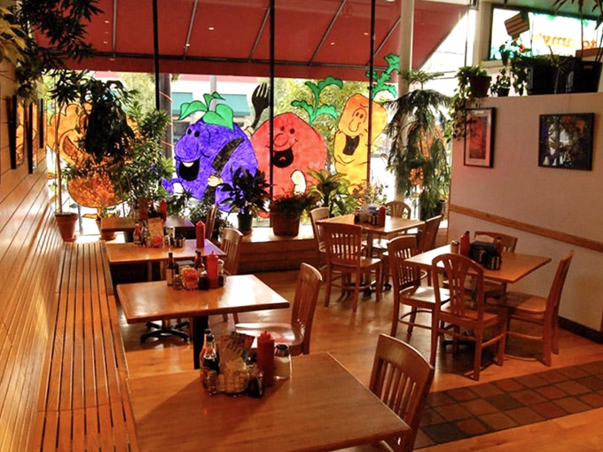 Inside, cheerful vegetable characters watch over diners like the world's healthiest security team, bringing whimsy to every meal.