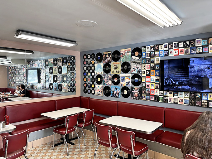 Red vinyl booths and walls adorned with vintage records&mdash;this isn't decoration, it's a full-immersion therapy session for the soul.