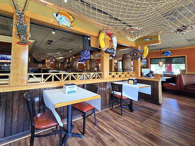 Step inside a quirky nautical-themed eatery where ship wheels, lifebuoys, and playful d&eacute;cor create a seaside escape far from the water.