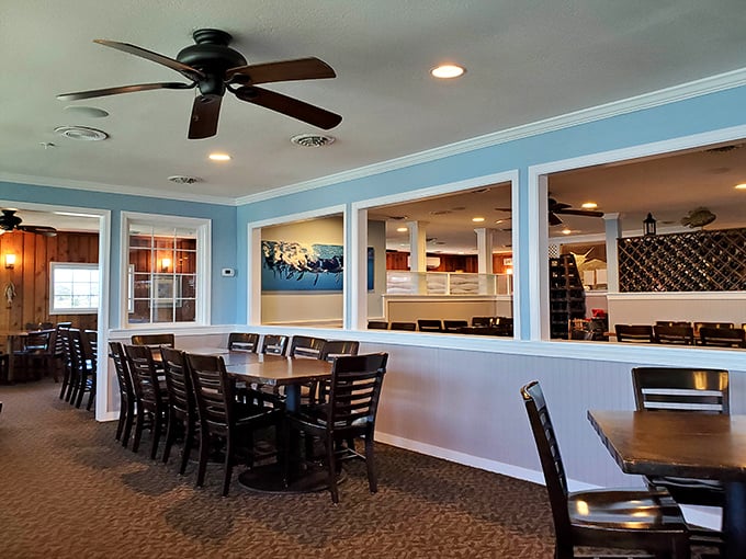 Light blue walls and wooden tables create the perfect backdrop for seafood feasts &ndash; no pretentious white tablecloths needed here.