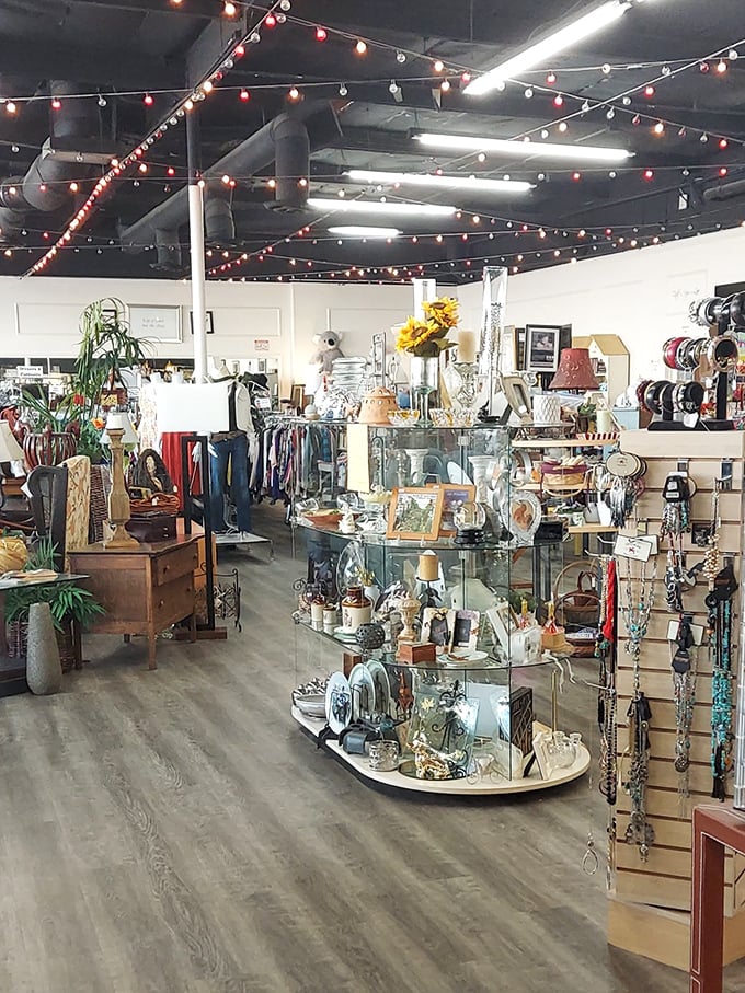 String lights create a boutique atmosphere that says "this isn't your grandmother's thrift store"&mdash;though she'd absolutely love shopping here too.