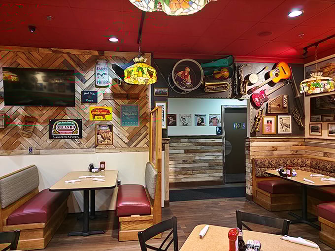 Step inside and you're greeted by warm wood paneling, colorful Tiffany lamps, and walls adorned with musical instruments &ndash; a symphony of comfort before the first bite.