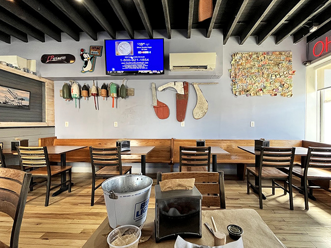 Nautical touches adorn the walls while wooden tables await their brown paper covering&mdash;the universal signal that delicious mess-making is encouraged.