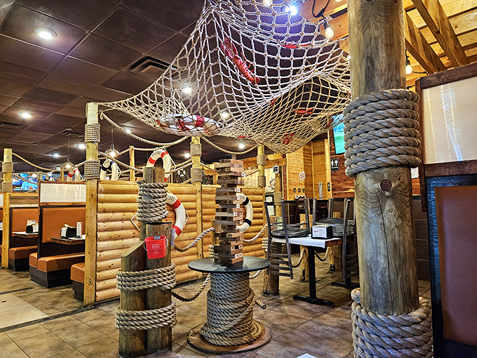 Step inside and you're transported to a dockside fantasy, complete with fishing nets overhead and enough nautical rope to rescue a small fleet.