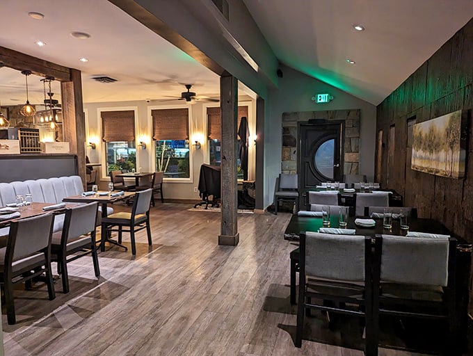 Rustic elegance defines the dining space, where wood beams and stone walls create the perfect backdrop for memorable meals and conversations.