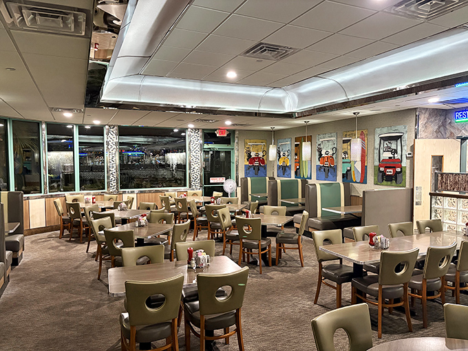 Inside, teal booths and comfortable seating create that perfect diner atmosphere&mdash;not too fancy, not too casual, just right for serious breakfast business.
