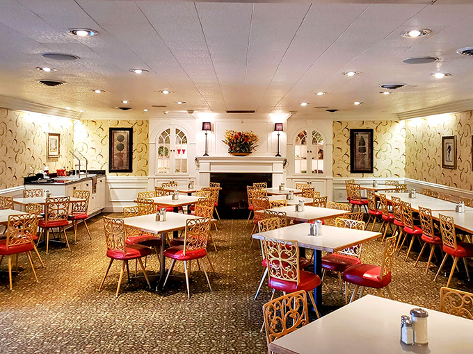 Step inside and you're transported to the golden age of dining&mdash;ornate chairs, patterned wallpaper, and a fireplace that says "stay awhile, calories don't count here."