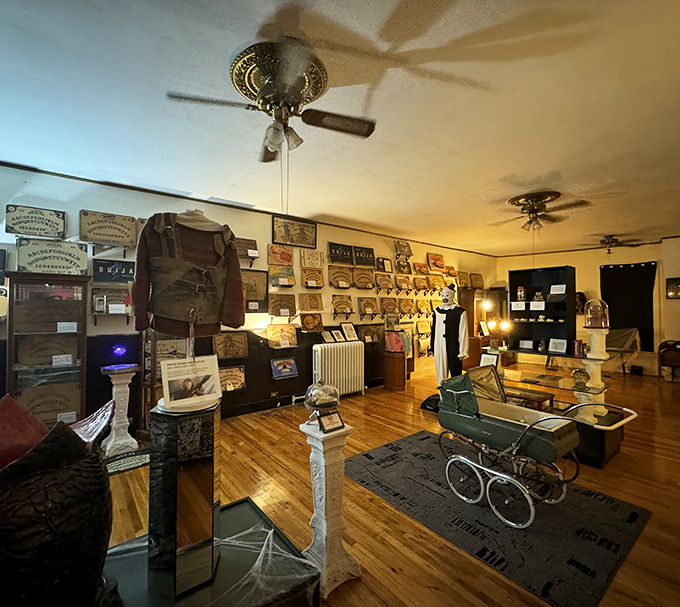 Vintage Ouija boards line the walls while an antique baby carriage sits ominously in the center&mdash;nursery rhymes not included.