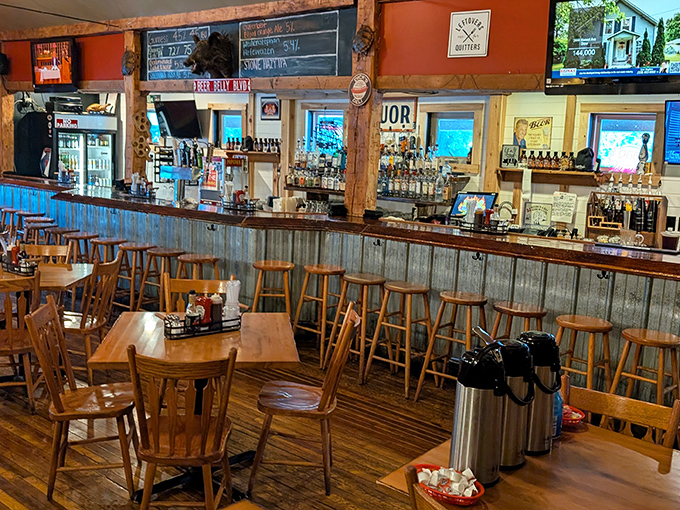 Where beer meets barbecue – the rustic bar area combines weathered wood, corrugated metal, and enough taps to make a craft beer enthusiast weep with joy.